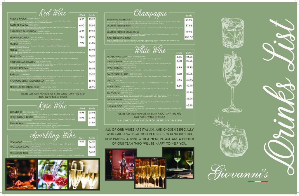 Our Menu - Giovanni's Knutsford Italian Restraurant