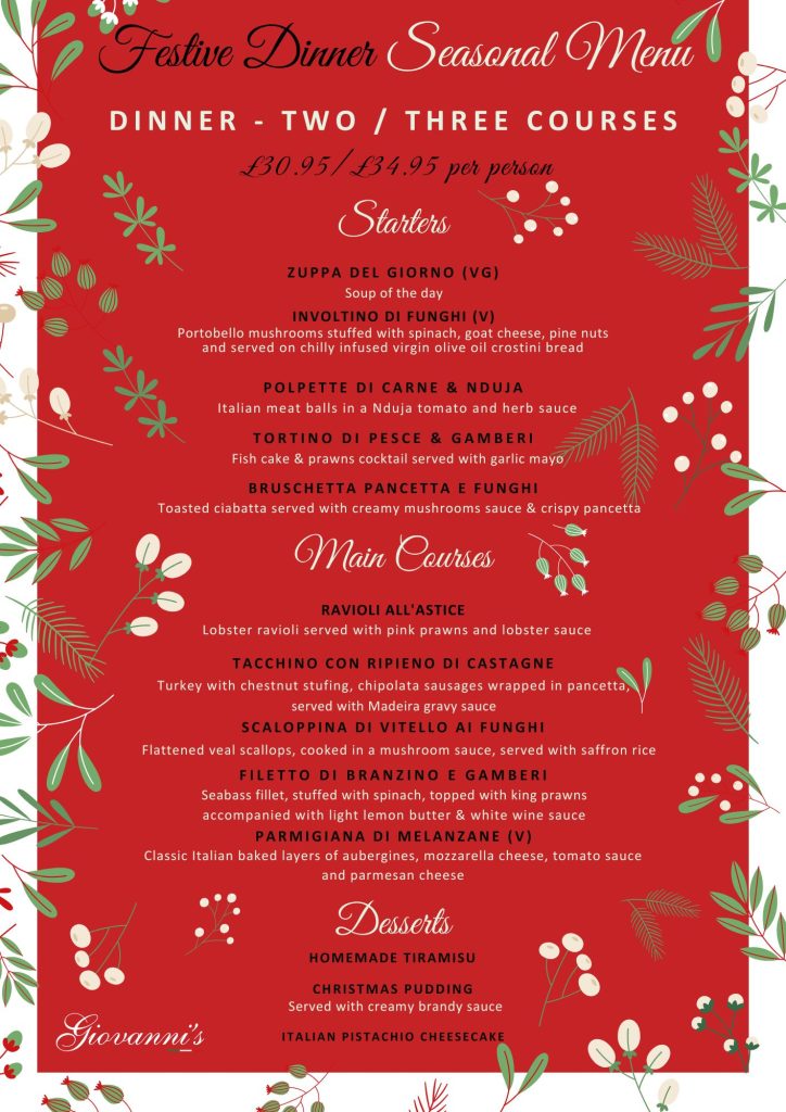 Our Menu - Giovanni's Knutsford Italian Restraurant