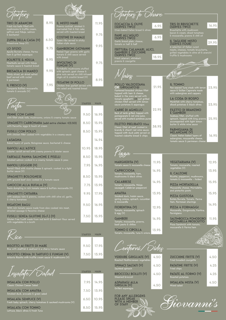Our Menu - Giovanni's Knutsford Italian Restraurant